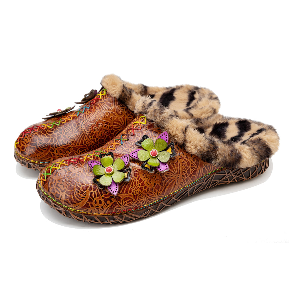 CrazycatZWomens Leather Clogs Sandals, Colorful Bohemian Mules Fleece ...