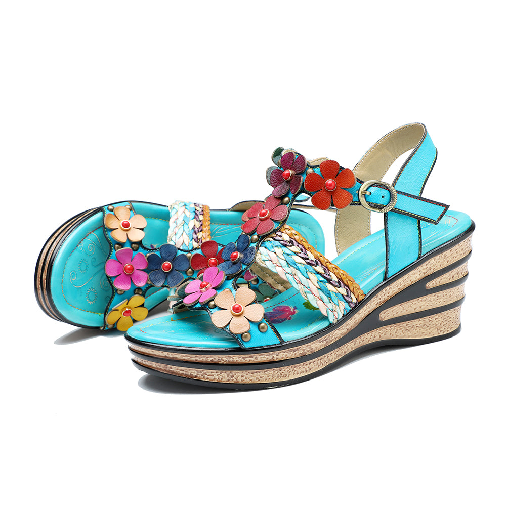 CrazycatZ Leather Wedged Roman Sandals,Women Leather Bohemian Colorful ...