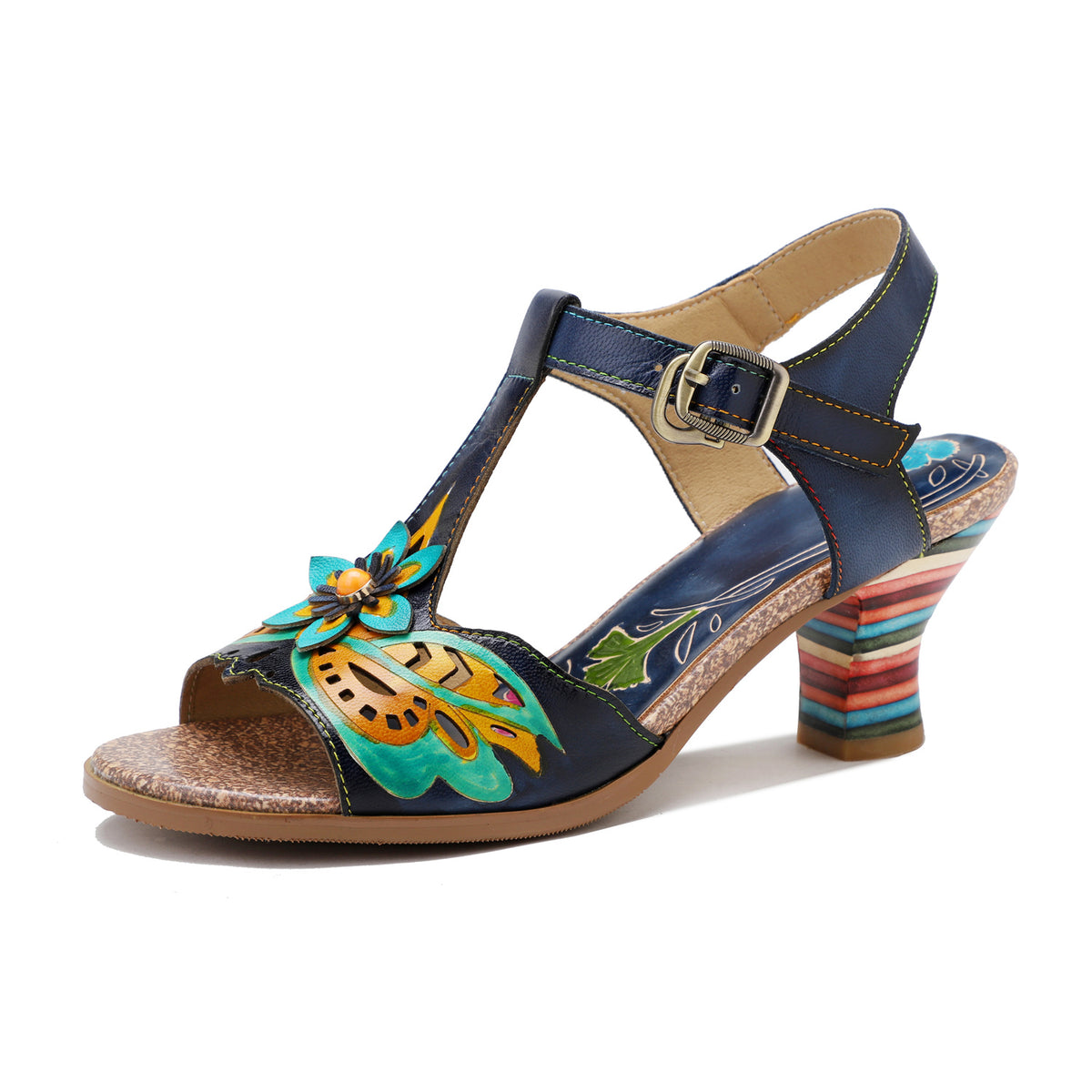 CrazycatZ Leather Block Heel Sandals,Women Leather Bohemian Colorful S ...