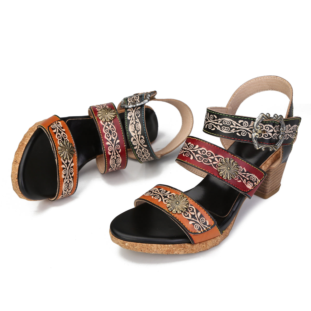 CrazycatZ Leather Block Heel Sandals,Women Leather Bohemian Colorful S ...